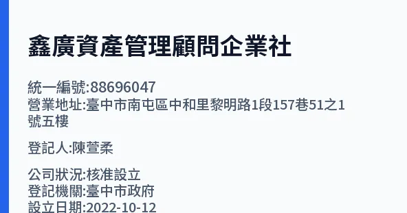 鑫廣資產管理顧問企業社的照片-統編 88696047(臺中市) 公司登記資料與營業項目詳細圖表