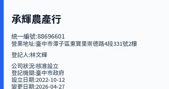 承輝農產行的照片-統編 88696601(臺中市) 公司登記資料與營業項目詳細圖表