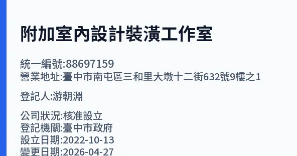 附加室內設計裝潢工作室的照片-統編 88697159(臺中市) 公司登記資料與營業項目詳細圖表