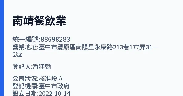 南靖餐飲業的照片-統編 88698283(臺中市) 公司登記資料與營業項目詳細圖表