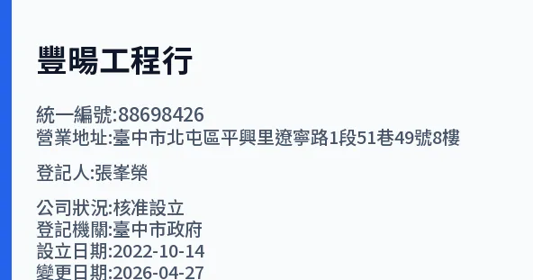 豐暘工程行的照片-統編 88698426(臺中市) 公司登記資料與營業項目詳細圖表