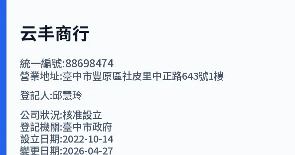 云丰商行的照片-統編 88698474(臺中市) 公司登記資料與營業項目詳細圖表