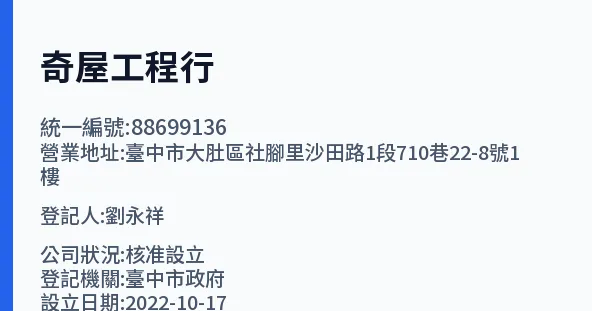 奇屋工程行的照片-統編 88699136(臺中市) 公司登記資料與營業項目詳細圖表