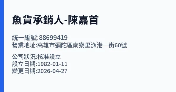 魚貨承銷人-陳嘉首的照片-統編 88699419(高雄市) 公司登記資料與營業項目詳細圖表