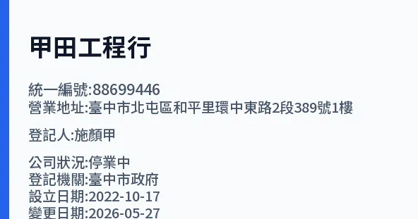 甲田工程行的照片-統編 88699446(臺中市) 公司登記資料與營業項目詳細圖表