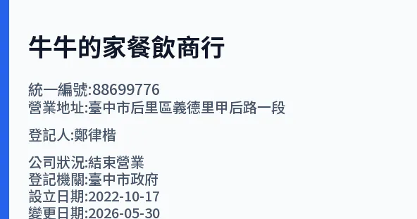 牛牛的家餐飲商行的照片-統編 88699776(臺中市) 公司登記資料與營業項目詳細圖表