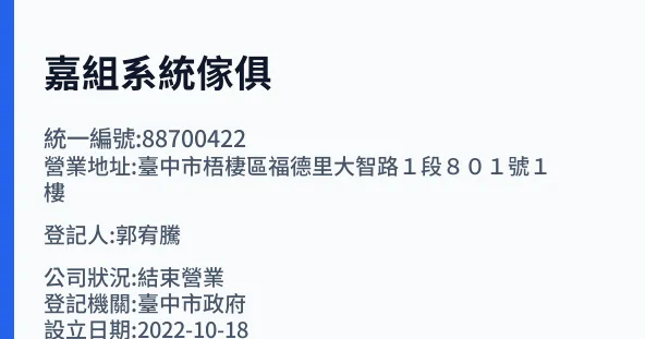 嘉組系統傢俱的照片-統編 88700422(臺中市) 公司登記資料與營業項目詳細圖表