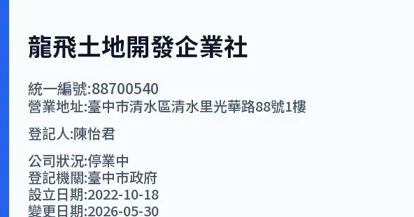 龍飛土地開發企業社的照片-統編 88700540(臺中市) 公司登記資料與營業項目詳細圖表