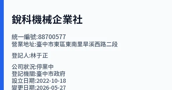 銳科機械企業社的照片-統編 88700577(臺中市) 公司登記資料與營業項目詳細圖表