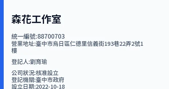 森花工作室的照片-統編 88700703(臺中市) 公司登記資料與營業項目詳細圖表