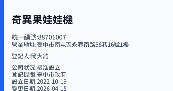 奇異果娃娃機的照片-統編 88701007(臺中市) 公司登記資料與營業項目詳細圖表