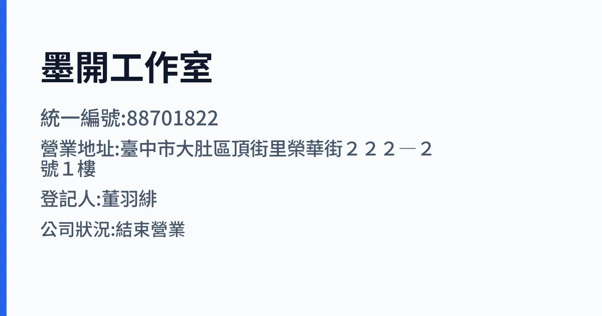 墨開工作室 - 統編 88701822(臺中市) 公司登記資料與營業項目詳細圖表
