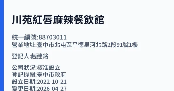 川苑紅唇麻辣餐飲館的照片-統編 88703011(臺中市) 公司登記資料與營業項目詳細圖表