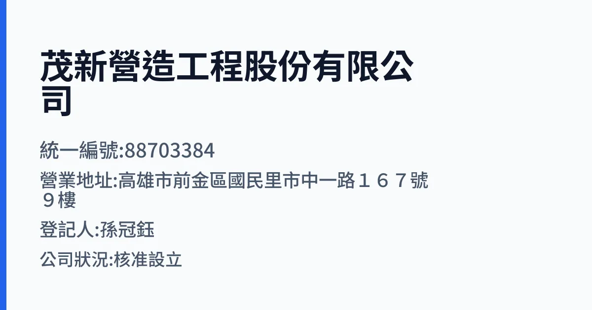 茂新營造工程股份有限公司 - 統編 88703384（高雄市） 公司登記資料與營業項目詳細圖表