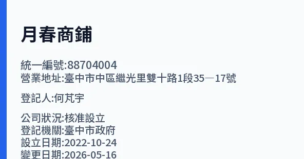 月春商鋪的照片-統編 88704004(臺中市) 公司登記資料與營業項目詳細圖表