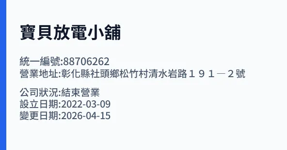 寶貝放電小舖的照片-統編 88706262(彰化縣) 公司登記資料與營業項目詳細圖表