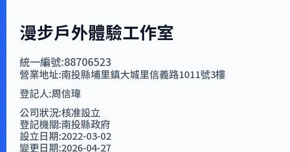 漫步戶外體驗工作室的照片-統編 88706523(南投縣) 公司登記資料與營業項目詳細圖表
