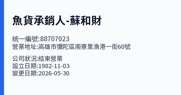 魚貨承銷人-蘇和財的照片-統編 88707023(高雄市) 公司登記資料與營業項目詳細圖表