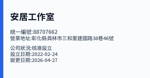 安居工作室的照片-統編 88707662(彰化縣) 公司登記資料與營業項目詳細圖表
