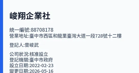 峻翔企業社的照片-統編 88708178(臺中市) 公司登記資料與營業項目詳細圖表