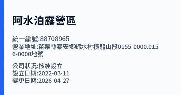 阿水泊露營區的照片-統編 88708965(苗栗縣) 公司登記資料與營業項目詳細圖表