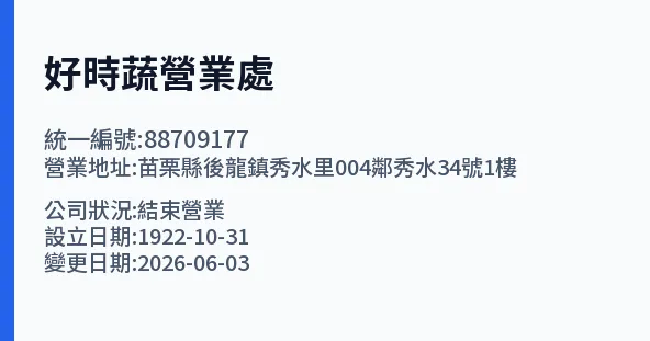 好時蔬營業處的照片-統編 88709177(苗栗縣) 公司登記資料與營業項目詳細圖表