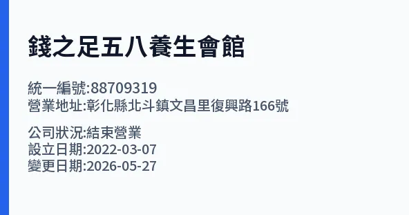 錢之足五八養生會館的照片-統編 88709319(彰化縣) 公司登記資料與營業項目詳細圖表
