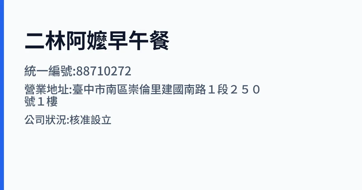 二林阿嬤早午餐 - 統編 88710272（臺中市） 公司登記資料與營業項目詳細圖表