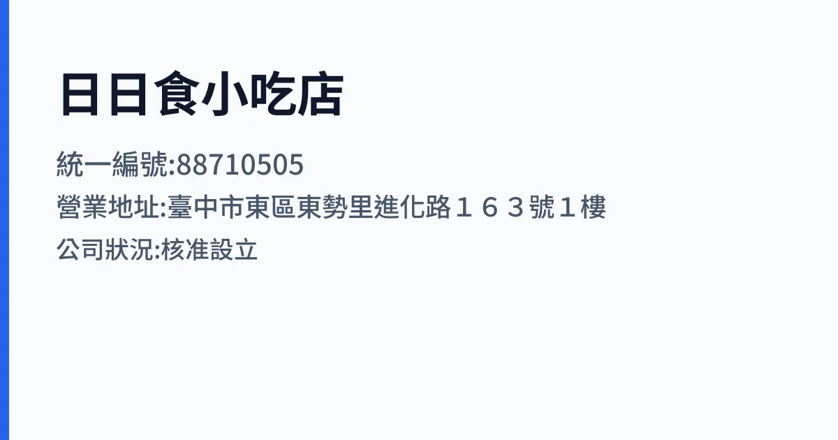 日日食小吃店 - 統編 88710505(臺中市) 公司登記資料與營業項目詳細圖表