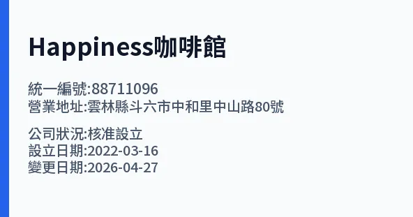 Happiness咖啡館的照片-統編 88711096(雲林縣) 公司登記資料與營業項目詳細圖表