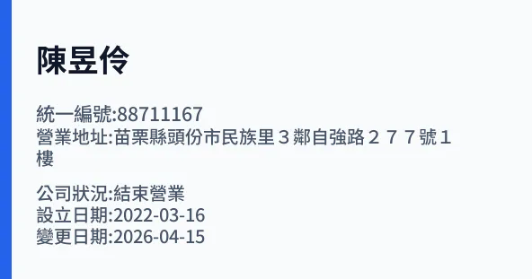 陳昱伶的照片-統編 88711167(苗栗縣) 公司登記資料與營業項目詳細圖表