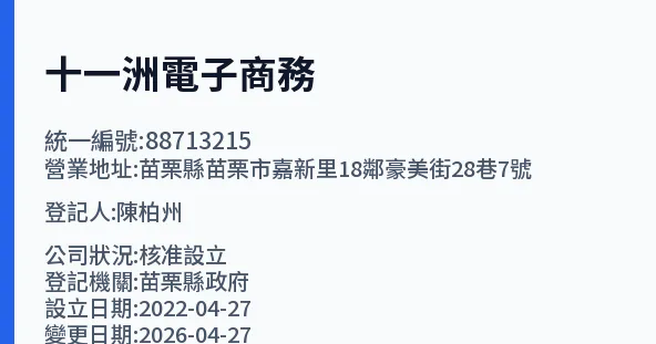 十一洲電子商務的照片-統編 88713215(苗栗縣) 公司登記資料與營業項目詳細圖表