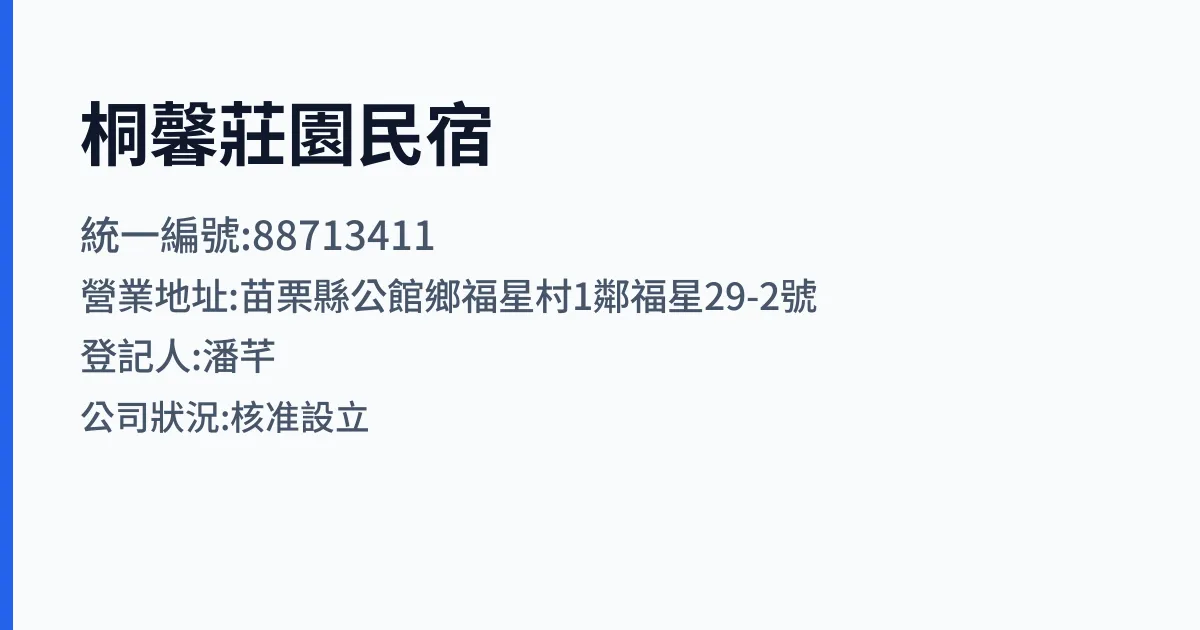 桐馨莊園民宿 - 統編 88713411(苗栗縣) 公司登記資料與營業項目詳細圖表