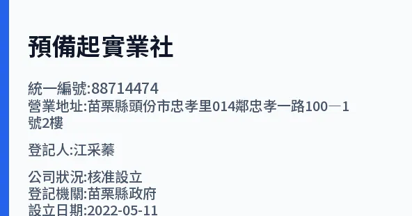預備起實業社的照片-統編 88714474(苗栗縣) 公司登記資料與營業項目詳細圖表