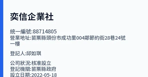 奕信企業社的照片-統編 88714805(苗栗縣) 公司登記資料與營業項目詳細圖表