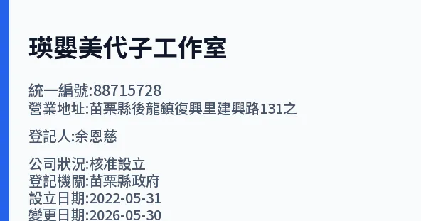 瑛嬰美代子工作室的照片-統編 88715728(苗栗縣) 公司登記資料與營業項目詳細圖表