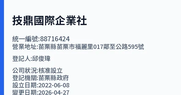 技鼎國際企業社的照片-統編 88716424(苗栗縣) 公司登記資料與營業項目詳細圖表
