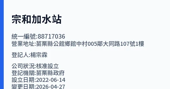 宗和加水站的照片-統編 88717036(苗栗縣) 公司登記資料與營業項目詳細圖表