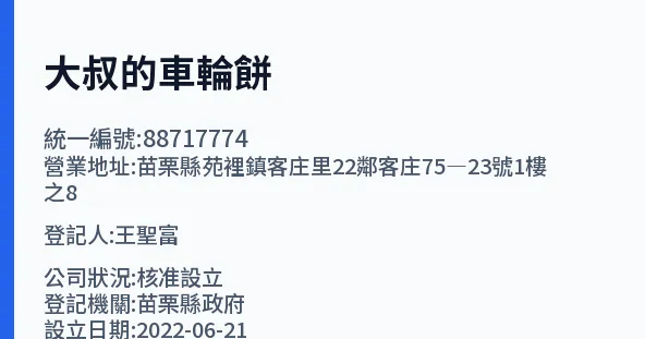 大叔的車輪餅的照片-統編 88717774(苗栗縣) 公司登記資料與營業項目詳細圖表