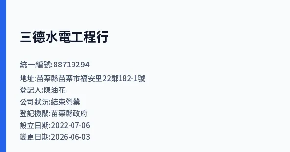 三德水電工程行的照片-統編 88719294(苗栗縣) 公司登記資料與營業項目詳細圖表