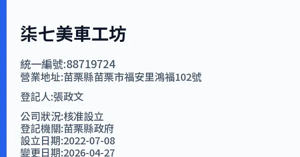 柒七美車工坊的照片-統編 88719724(苗栗縣) 公司登記資料與營業項目詳細圖表
