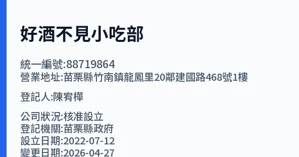 好酒不見小吃部的照片-統編 88719864(苗栗縣) 公司登記資料與營業項目詳細圖表