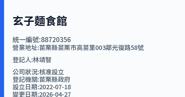 玄子麵食館的照片-統編 88720356(苗栗縣) 公司登記資料與營業項目詳細圖表