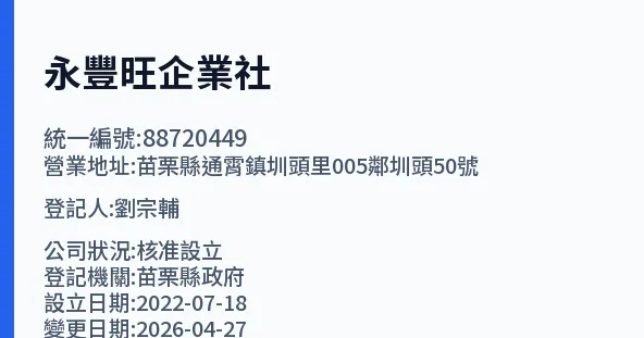 永豐旺企業社的照片-統編 88720449(苗栗縣) 公司登記資料與營業項目詳細圖表