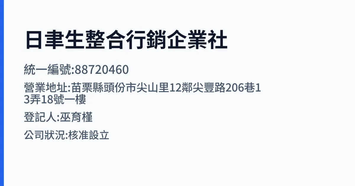 日聿生整合行銷企業社 - 統編 88720460(苗栗縣) 公司登記資料與營業項目詳細圖表