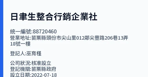 日聿生整合行銷企業社的照片-統編 88720460(苗栗縣) 公司登記資料與營業項目詳細圖表
