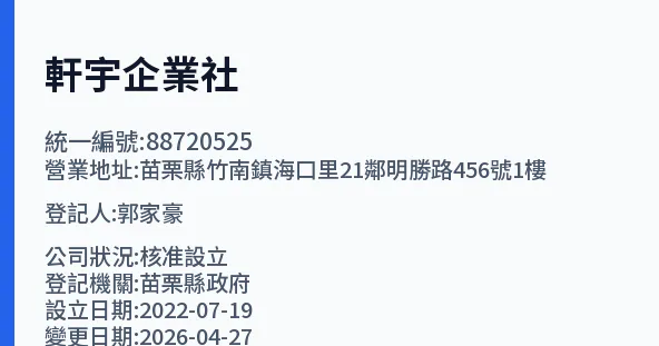 軒宇企業社的照片-統編 88720525(苗栗縣) 公司登記資料與營業項目詳細圖表
