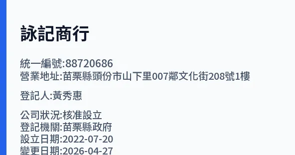 詠記商行的照片-統編 88720686(苗栗縣) 公司登記資料與營業項目詳細圖表