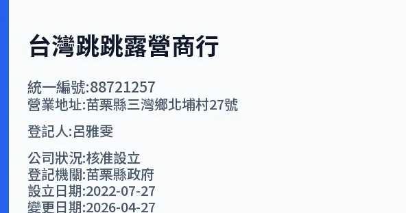 台灣跳跳露營商行的照片-統編 88721257(苗栗縣) 公司登記資料與營業項目詳細圖表