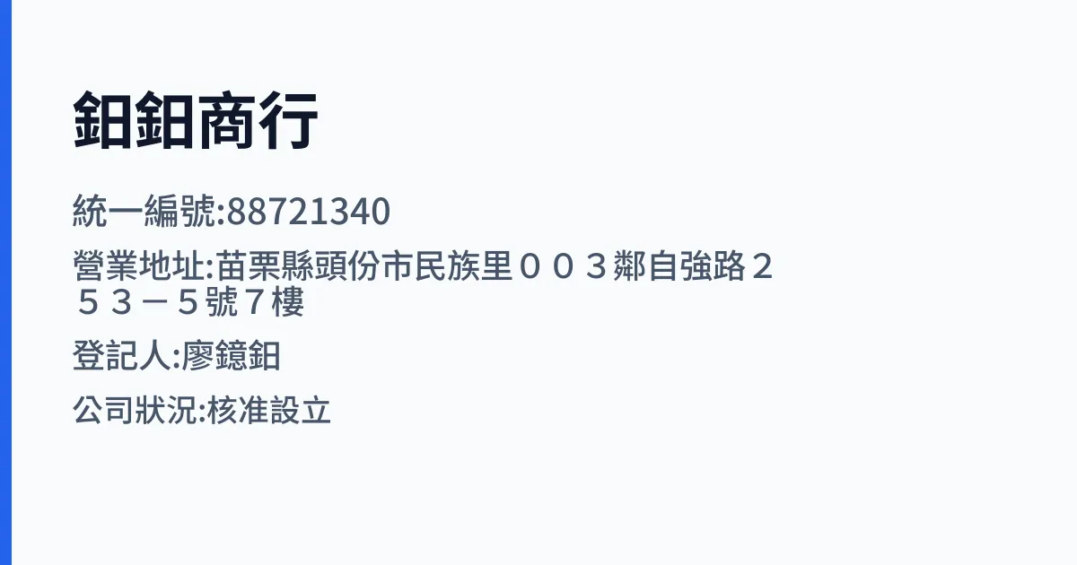 鈤鈤商行 - 統編 88721340(苗栗縣) 公司登記資料與營業項目詳細圖表